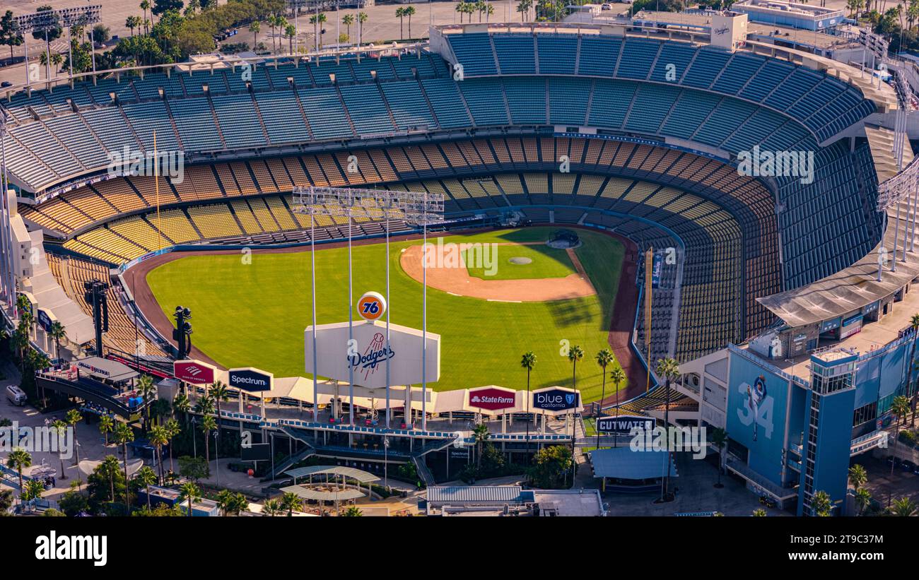 Dodgers Stadium in Los Angeles - aerial view over the baseball stadium ...