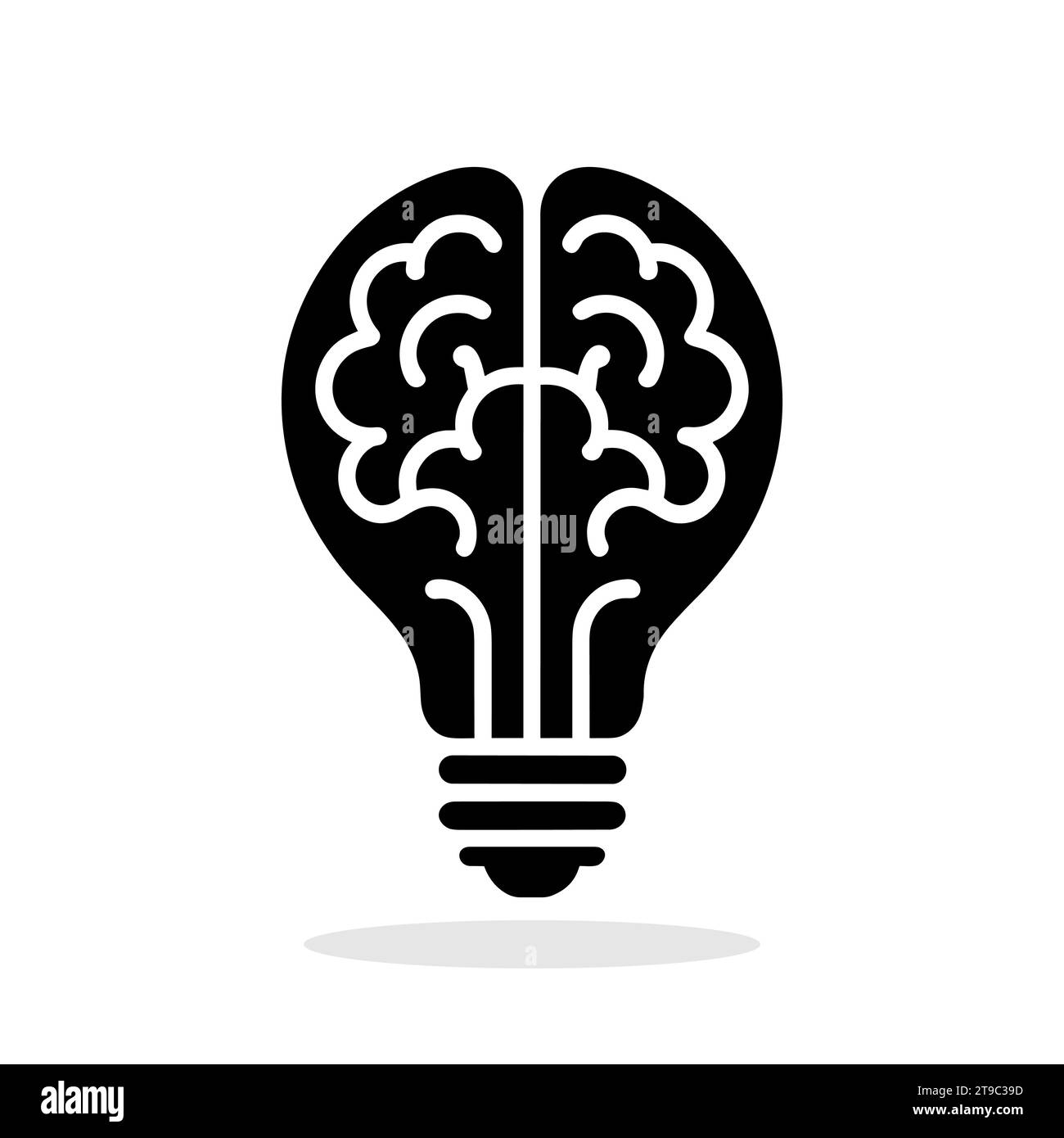Brain in light bulb silhouette with rays on white background. Symbol of creativity and creative ...