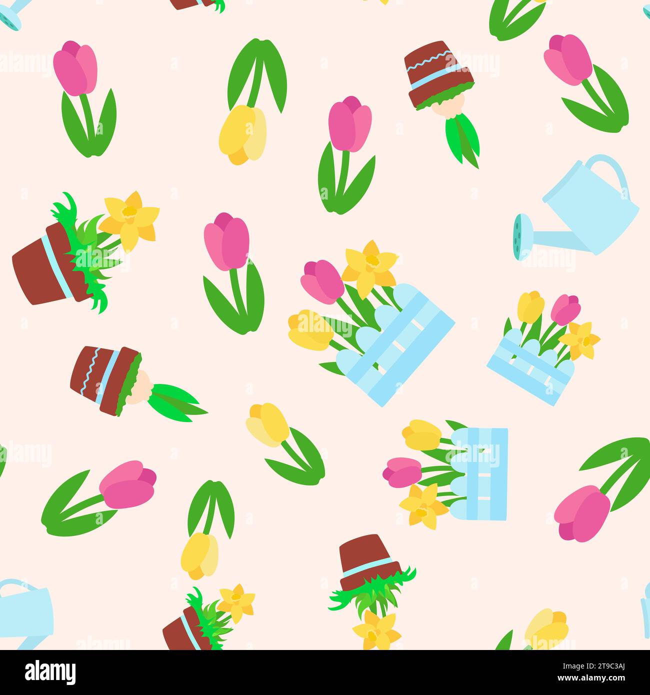 Seamless pattern spring flowers tulips and daffodils, watering cans and ...