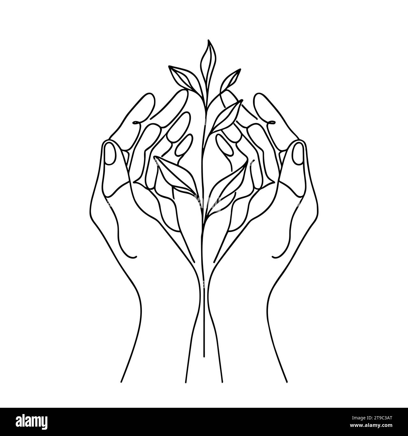 Line drawing of hands gently holding a sapling. Concept of growth, care ...