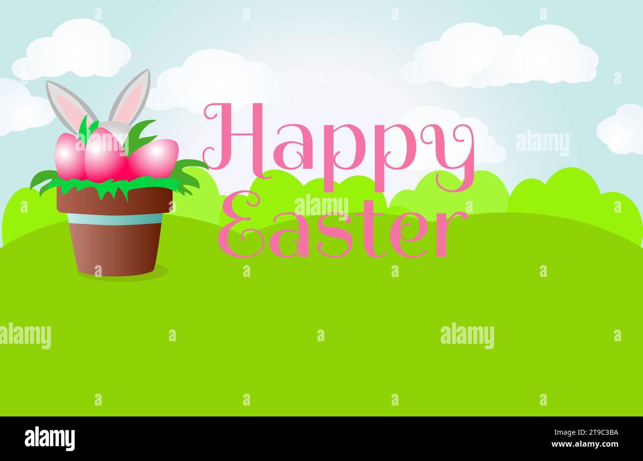 On the green grass is a decorative pot with painted eggs and the text ...