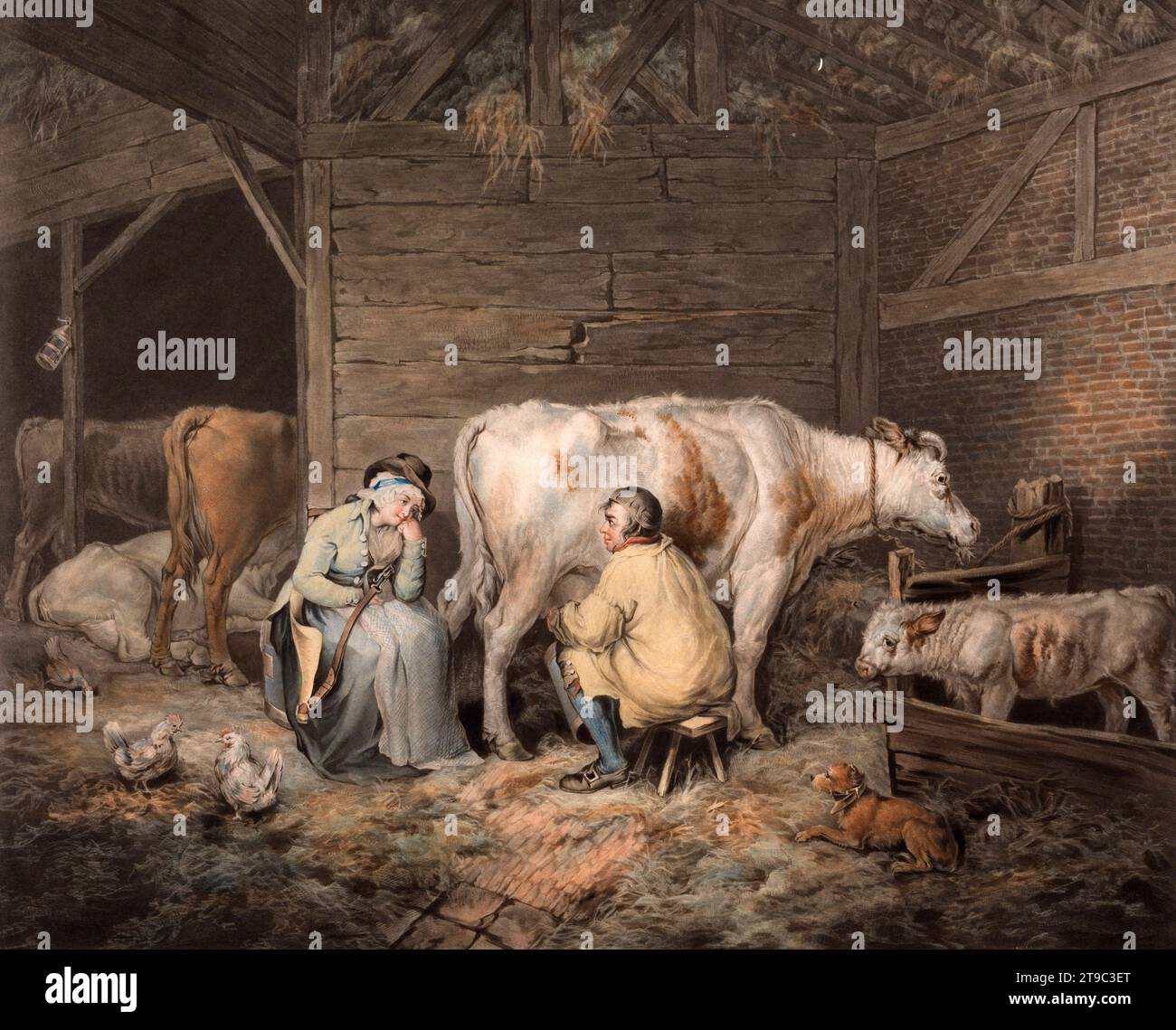 Der Kuhstall. Bauer bei Melken der Kuh, Landwirtschaft um 1796, England ...