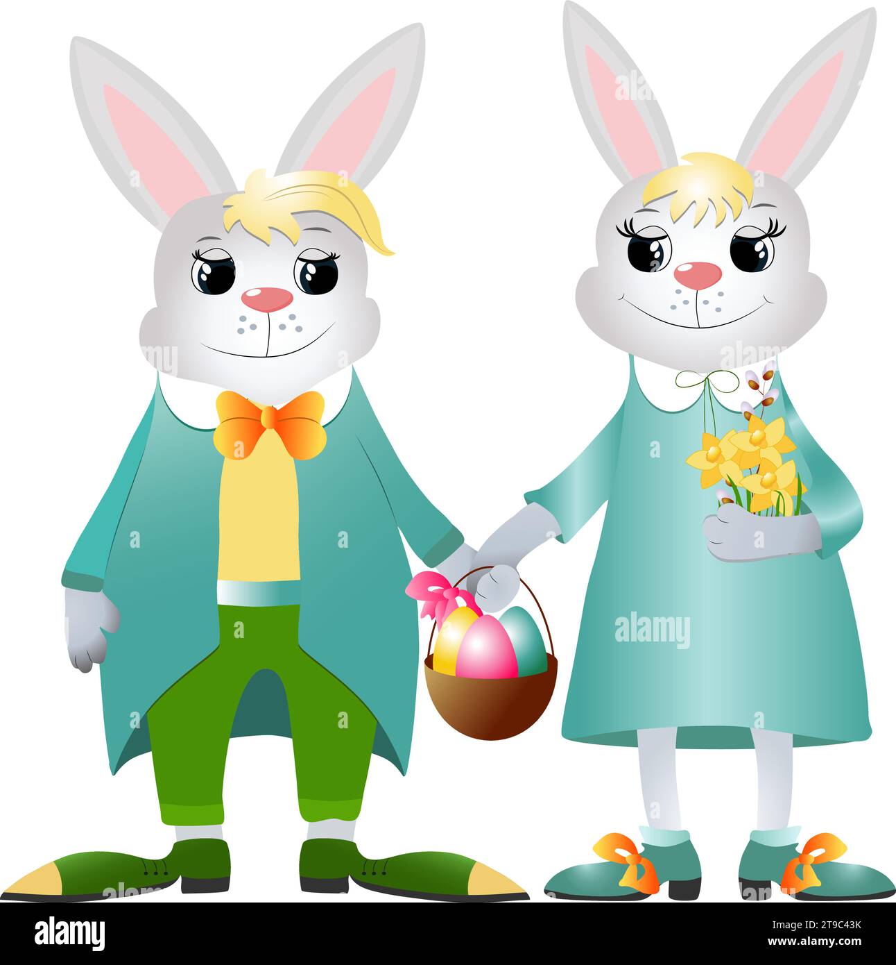 Happy Easter bunnies are smiling tenderly. Rabbits are dressed in ...