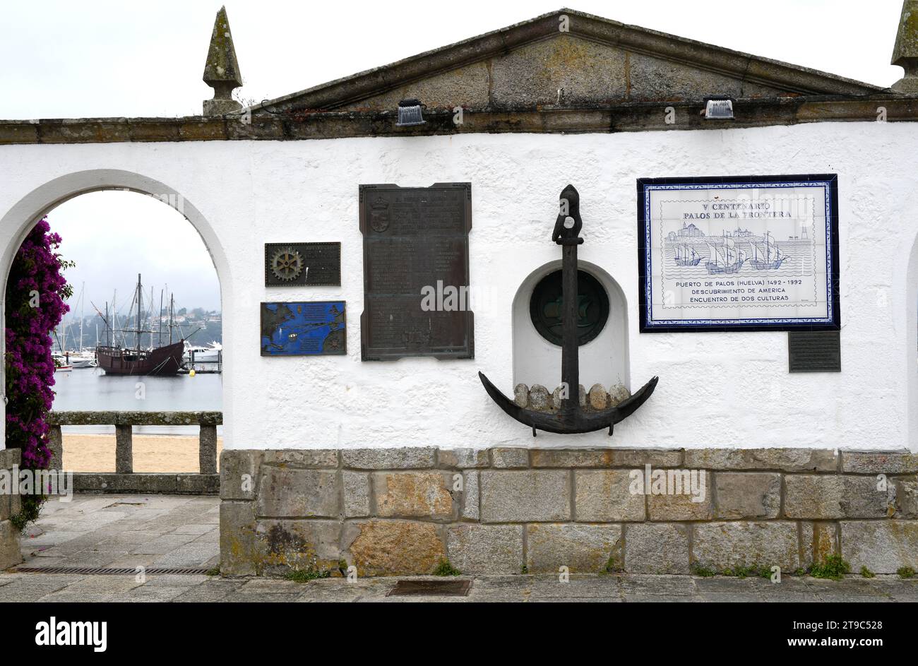 Baiona or Bayona, port with a Pinta ship at bottom. Pontevedra, Galicia ...