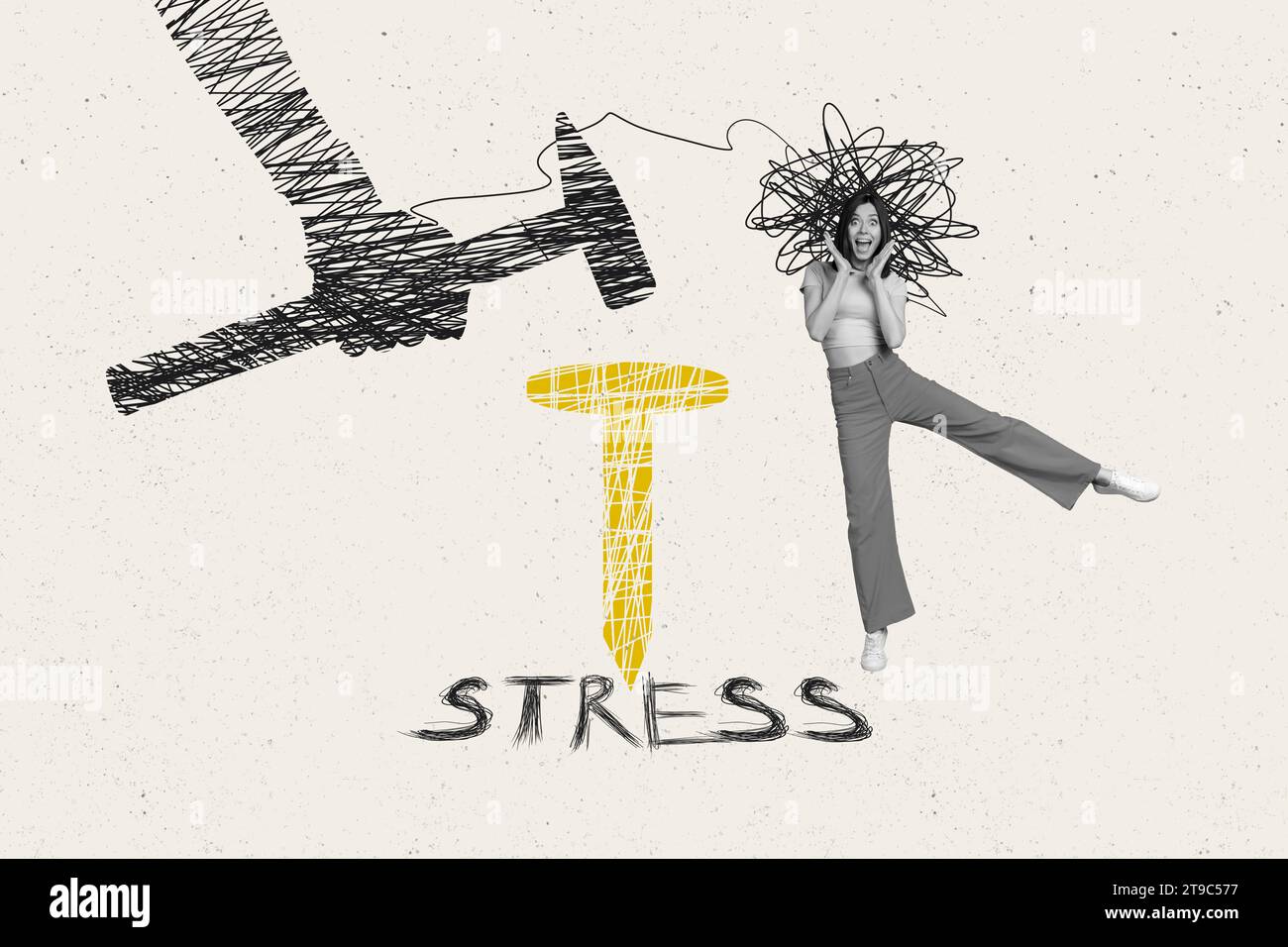 Composite collage picture artwork of young confusion stressed woman ...