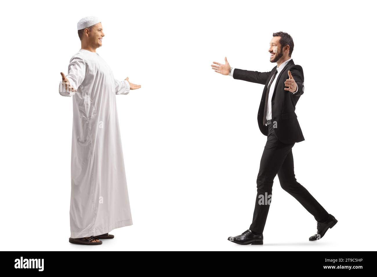 Businessman meeting a muslim friend in ethnic clothes isolated on white ...