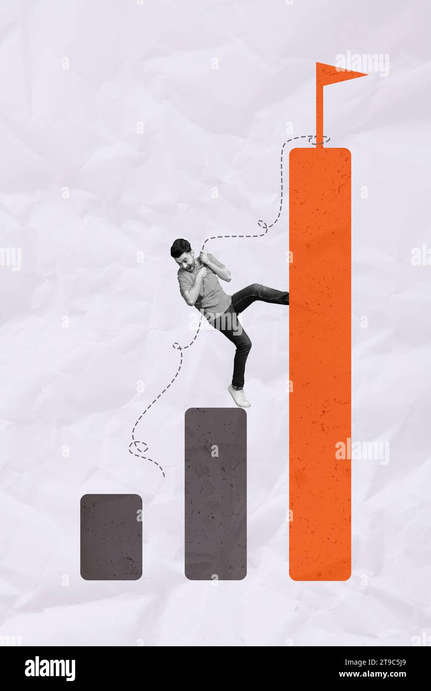 Vertical collage of young motivated successful employer man climbing ...