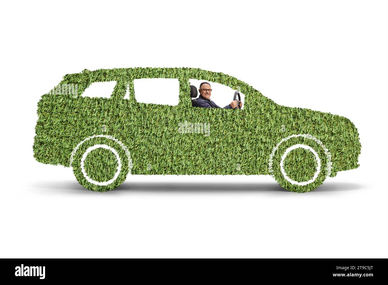 Man riding a green electric car, sustainable mobility isolated on white ...