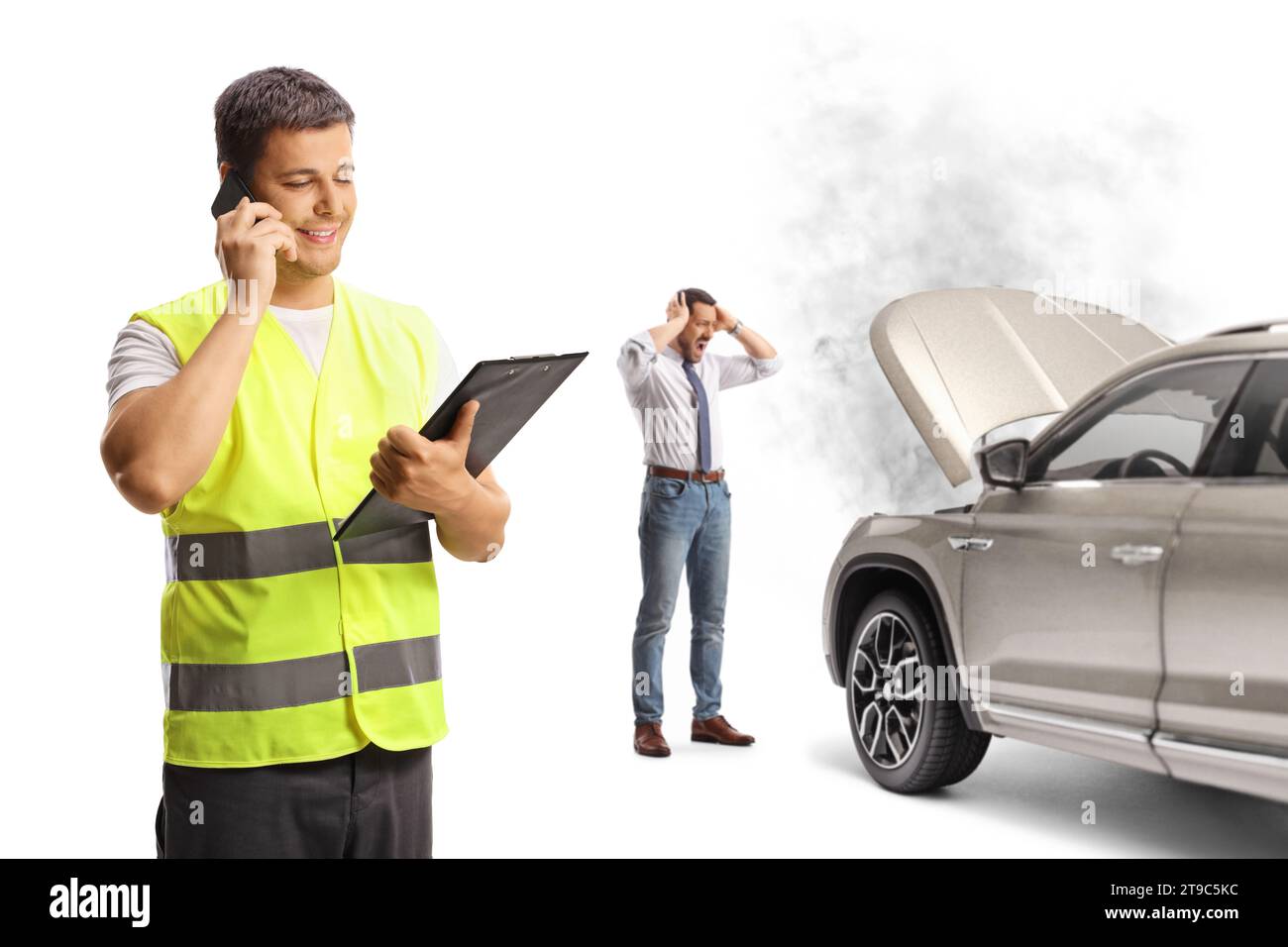 Road help worker using a smartphone and a shocked man standing in front ...