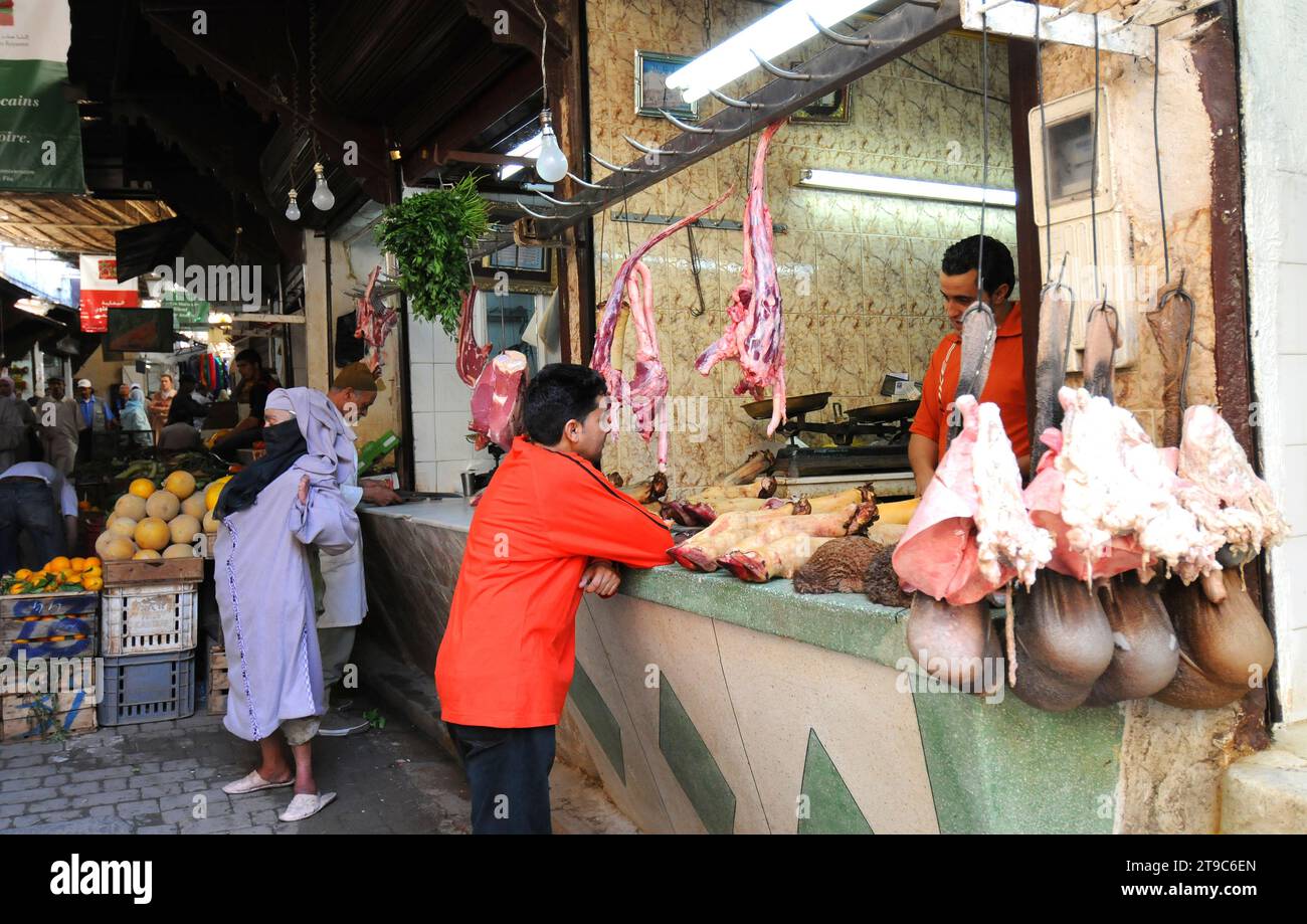 Medina quarter of Fes (World Heritage Site), traditional butcher shop ...