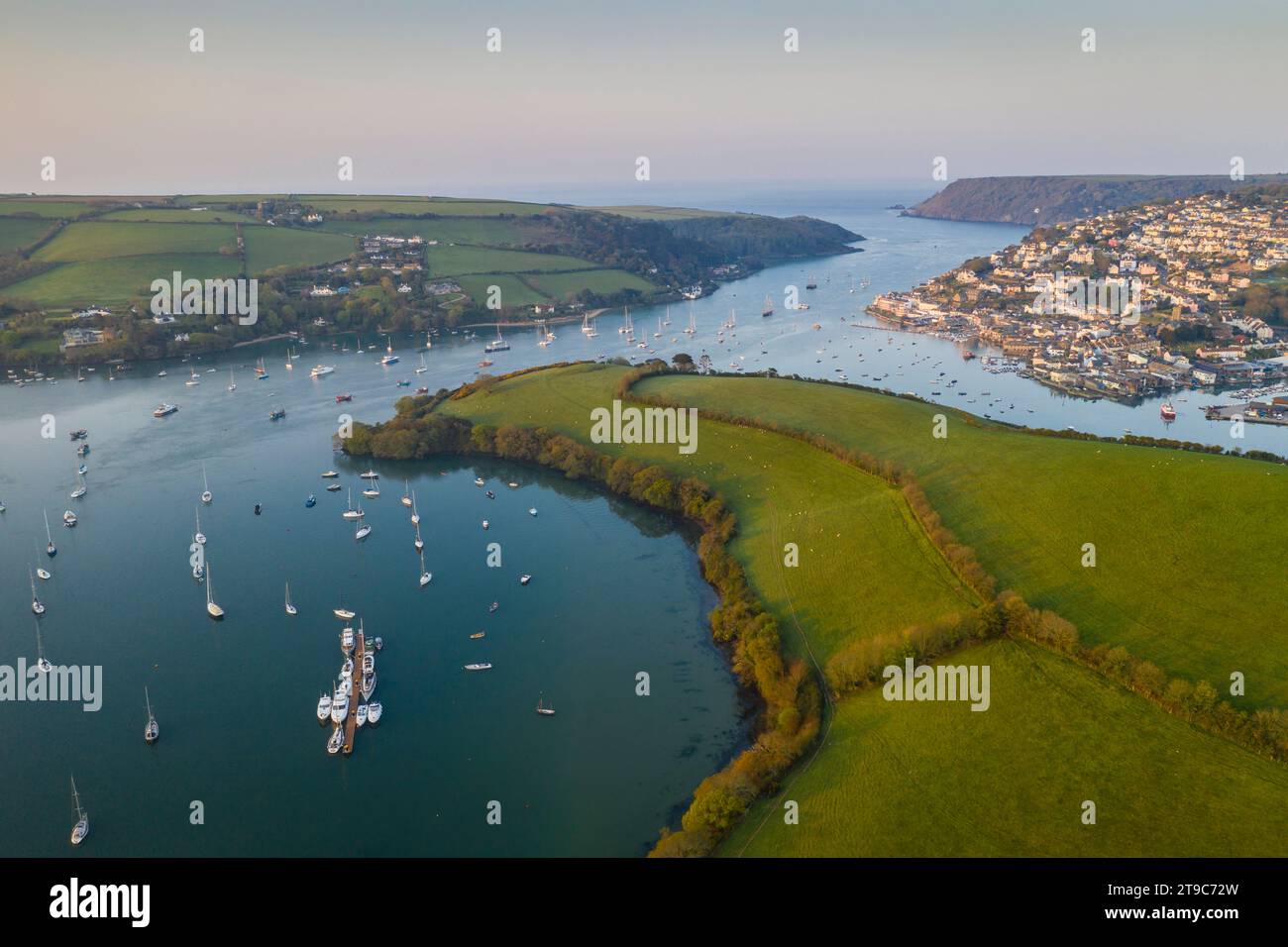 Aerial vista of Salcombe and the Kingsbridge Estuary at dawn, South ...