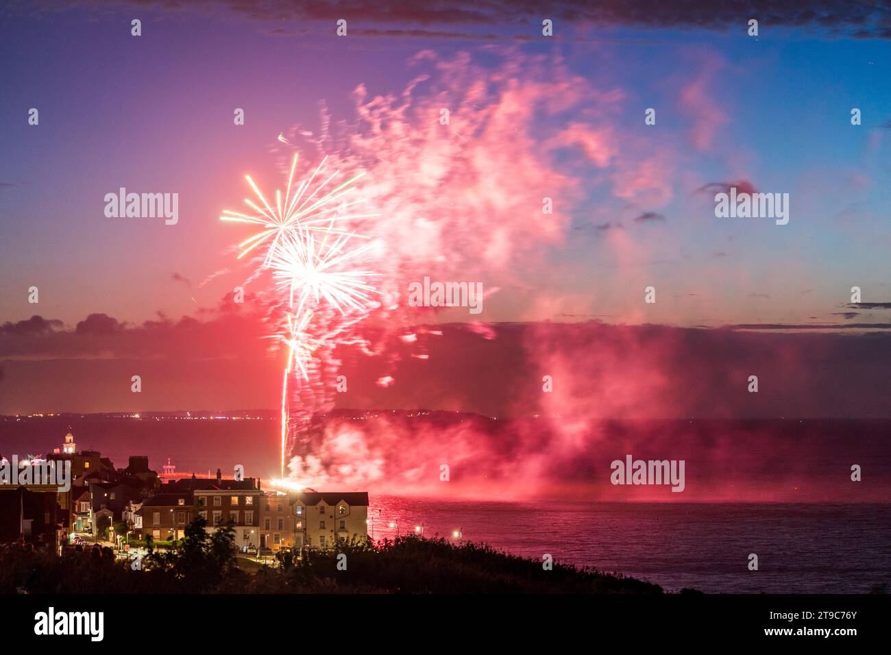 Fireworks bursting over the seafront and harbour at the Kent resort ...
