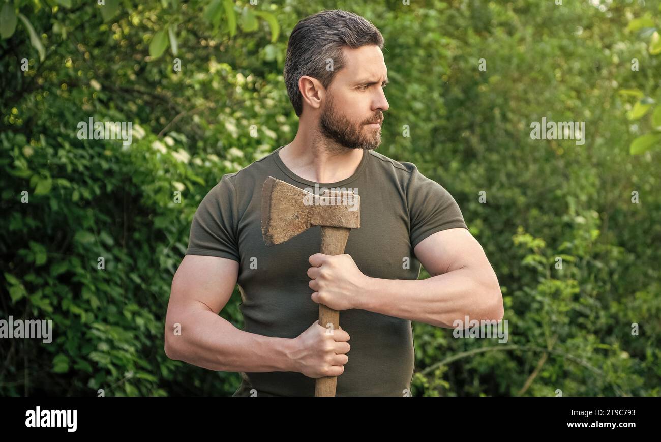 masculine man with ax outdoor. mature man with ax. man with ax. man ...