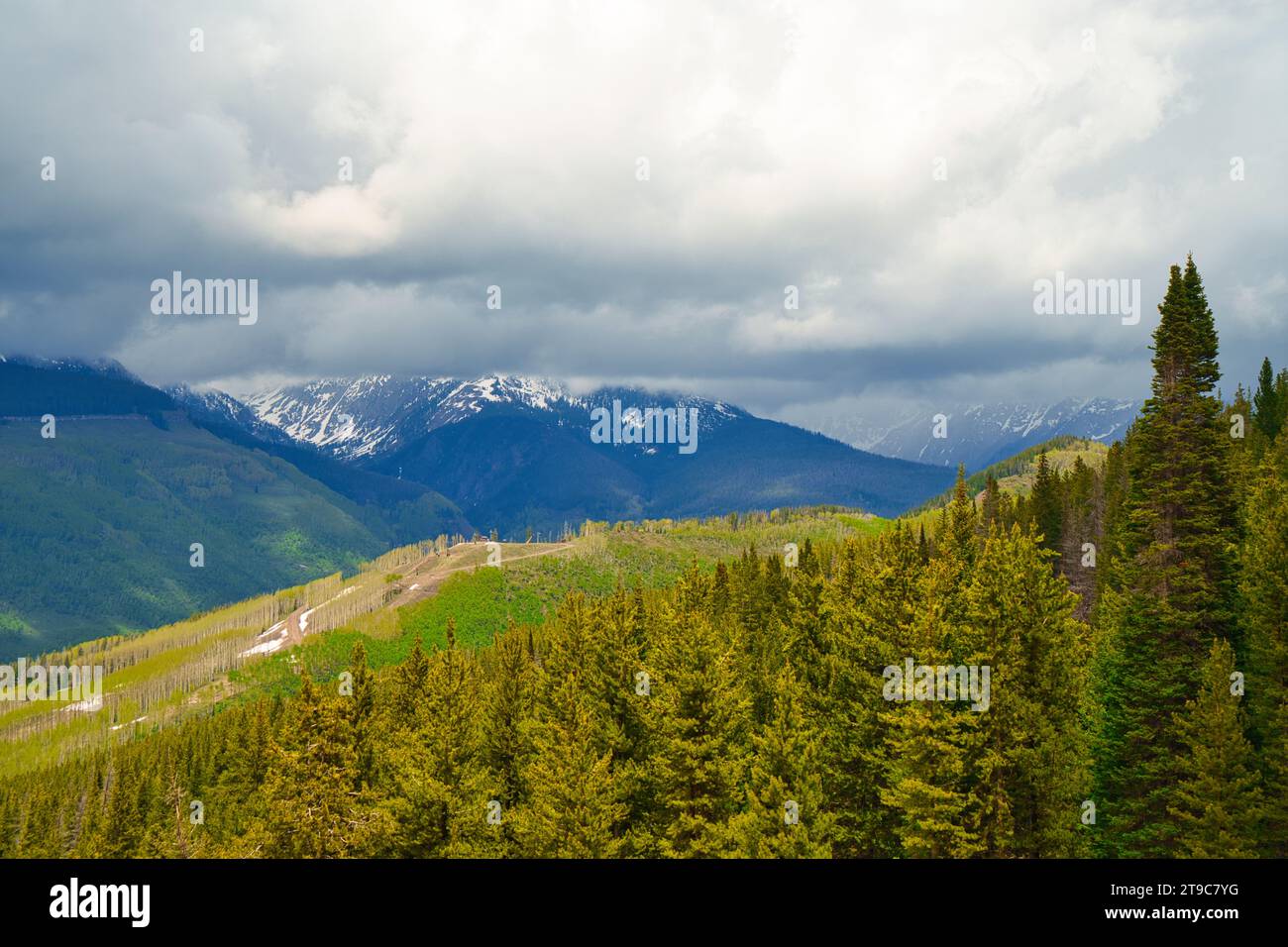Landscape view of ski runs in Vail and Rocky mountains in Colorado ...