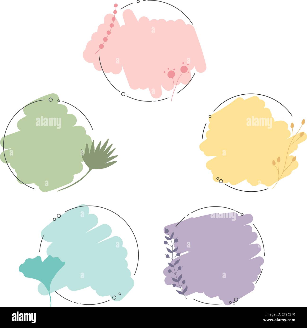 Set of circle doodle frames decorate with botanical elements and lines ...