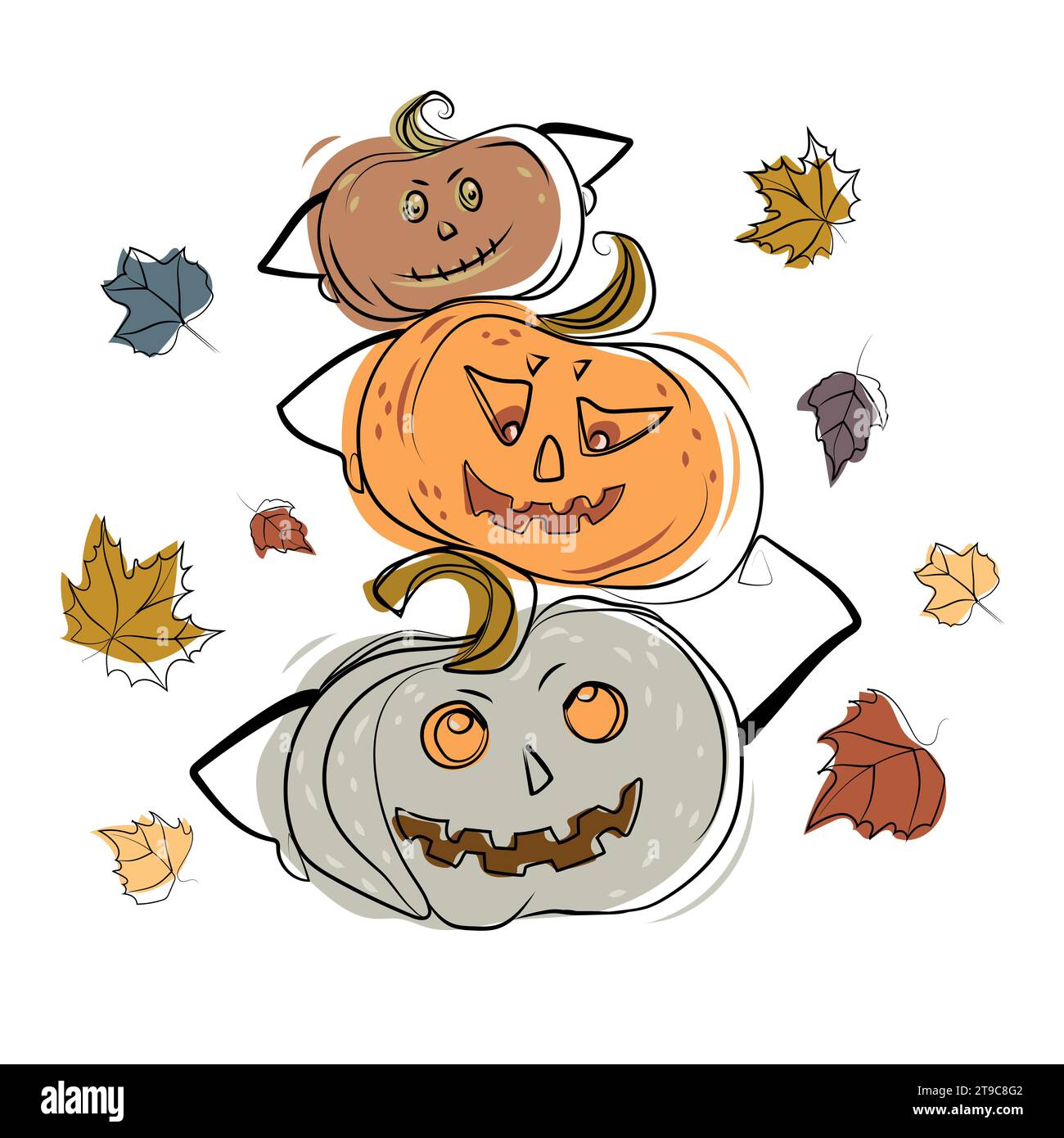 Halloween colored pumpkins drawing in cartoon minimal style,line ...