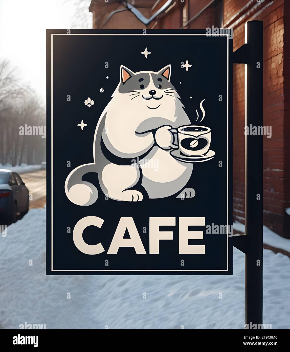 A funny advertising sign with well-fed cat in a roadside cafe on the ...