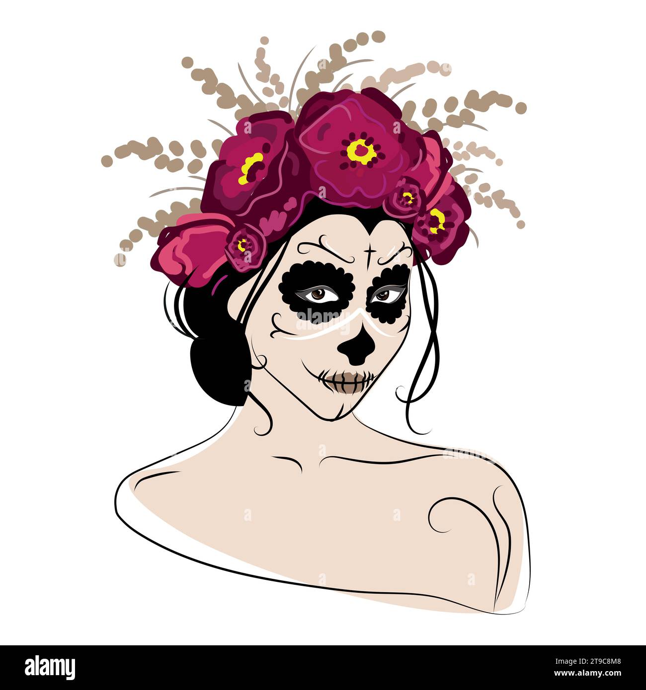 Woman face with sugar skull makeup and flower wreath on head.Calavera ...