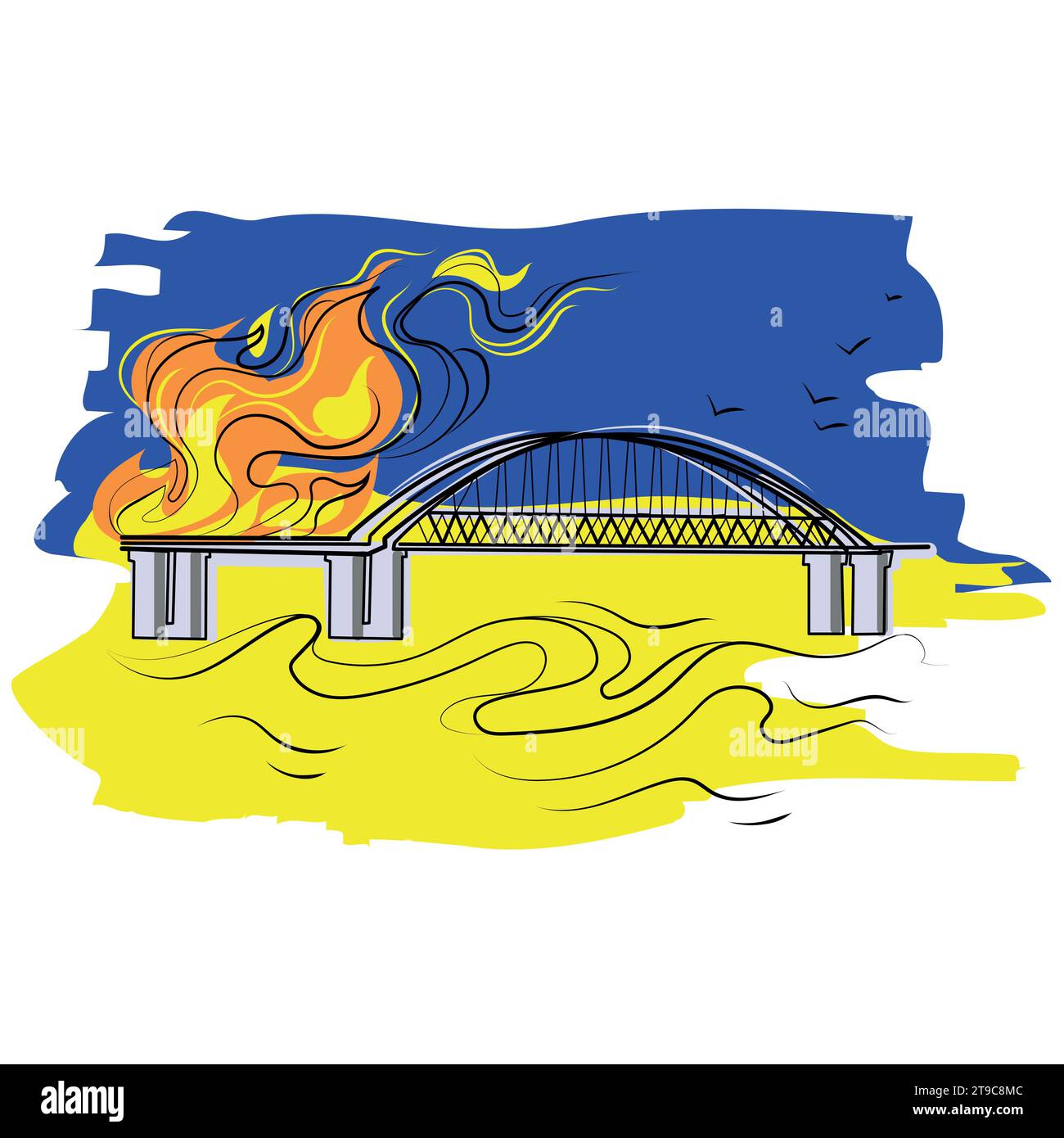 The Crimean bridge is on fire vector isolated illustration. Burning ...