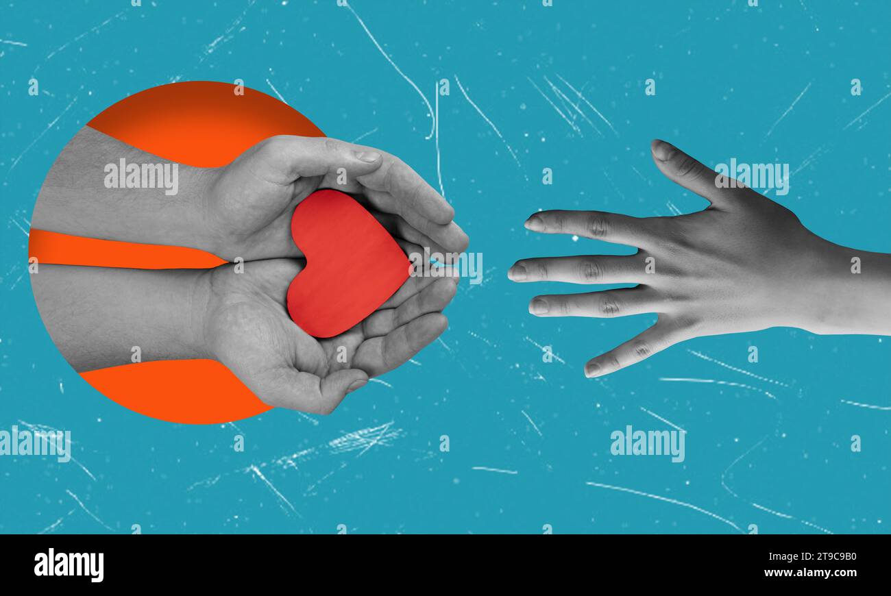 Modern art collage depicting human hands holding a heart. Contemporary ...