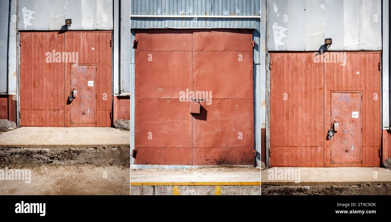 Collection of images with old metal warehouse door, hangar gate ...