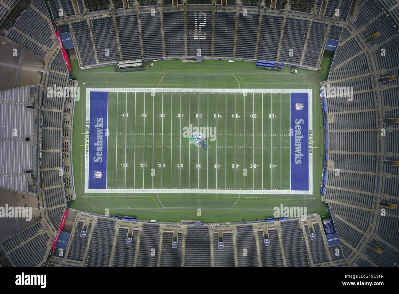 A general overall aerial view of the Seattle Seahawks logo at midField ...