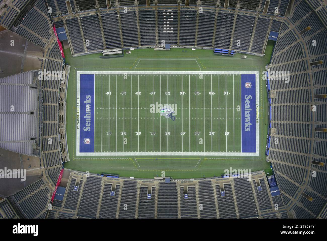 A general overall aerial view of the Seattle Seahawks logo at midField ...