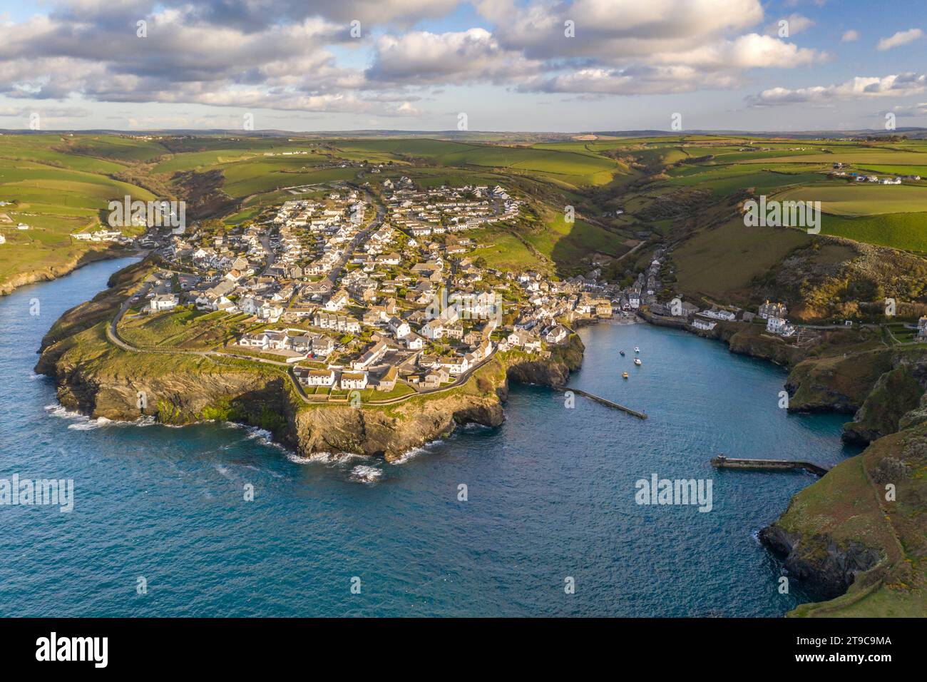 Aerial view of Port Isaac harbour and village, North Cornwall, England ...