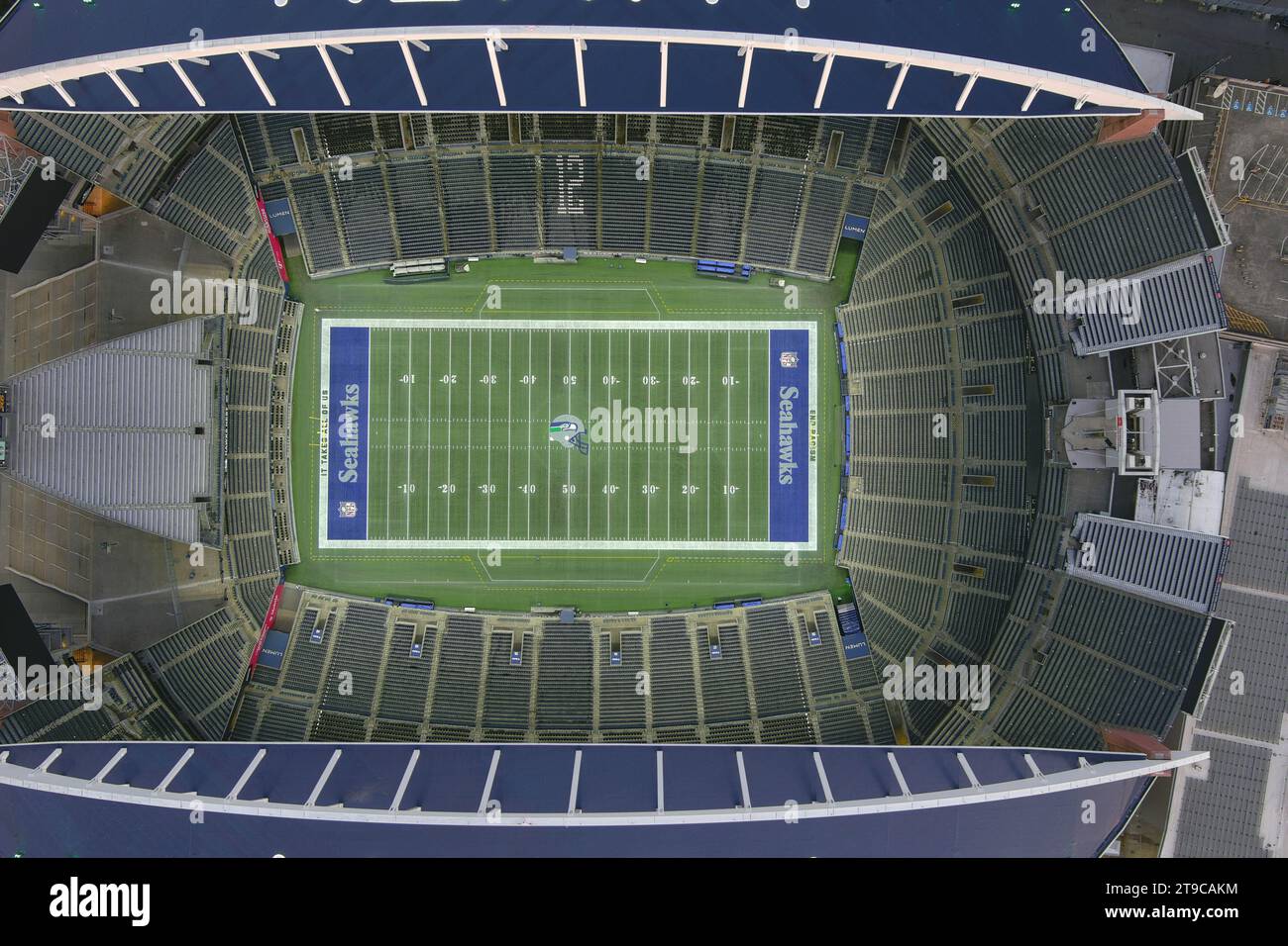 A general overall aerial view of the Seattle Seahawks logo at midfield ...