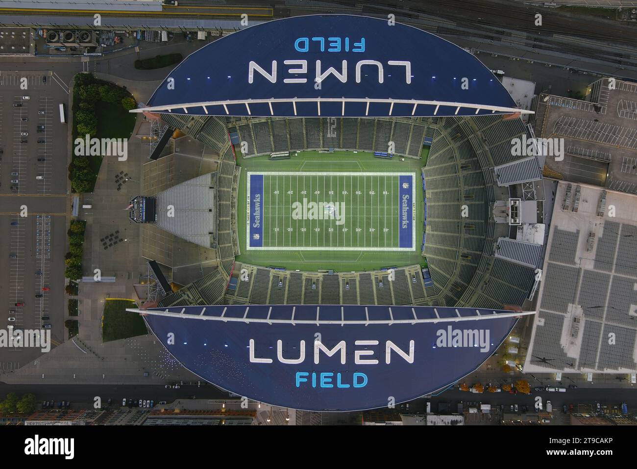 A general overall aerial view of the Seattle Seahawks logo at midfield ...