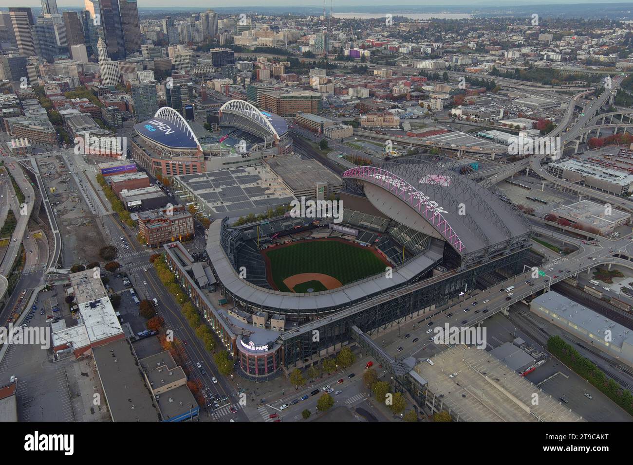 A general overall aerial view of T-Mobile Park (foreground) and Lumen ...