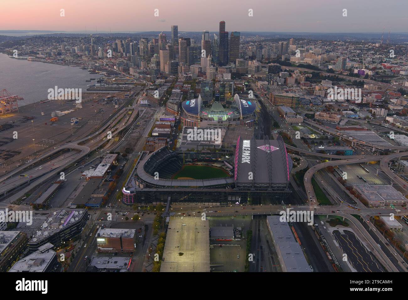 A general overall aerial view of T-Mobile Park (foreground) and Lumen ...