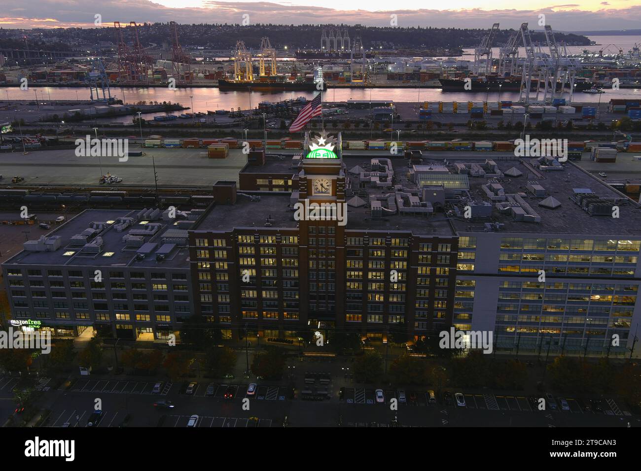 A general overall aerial view of the Starbucks Corporate Office ...