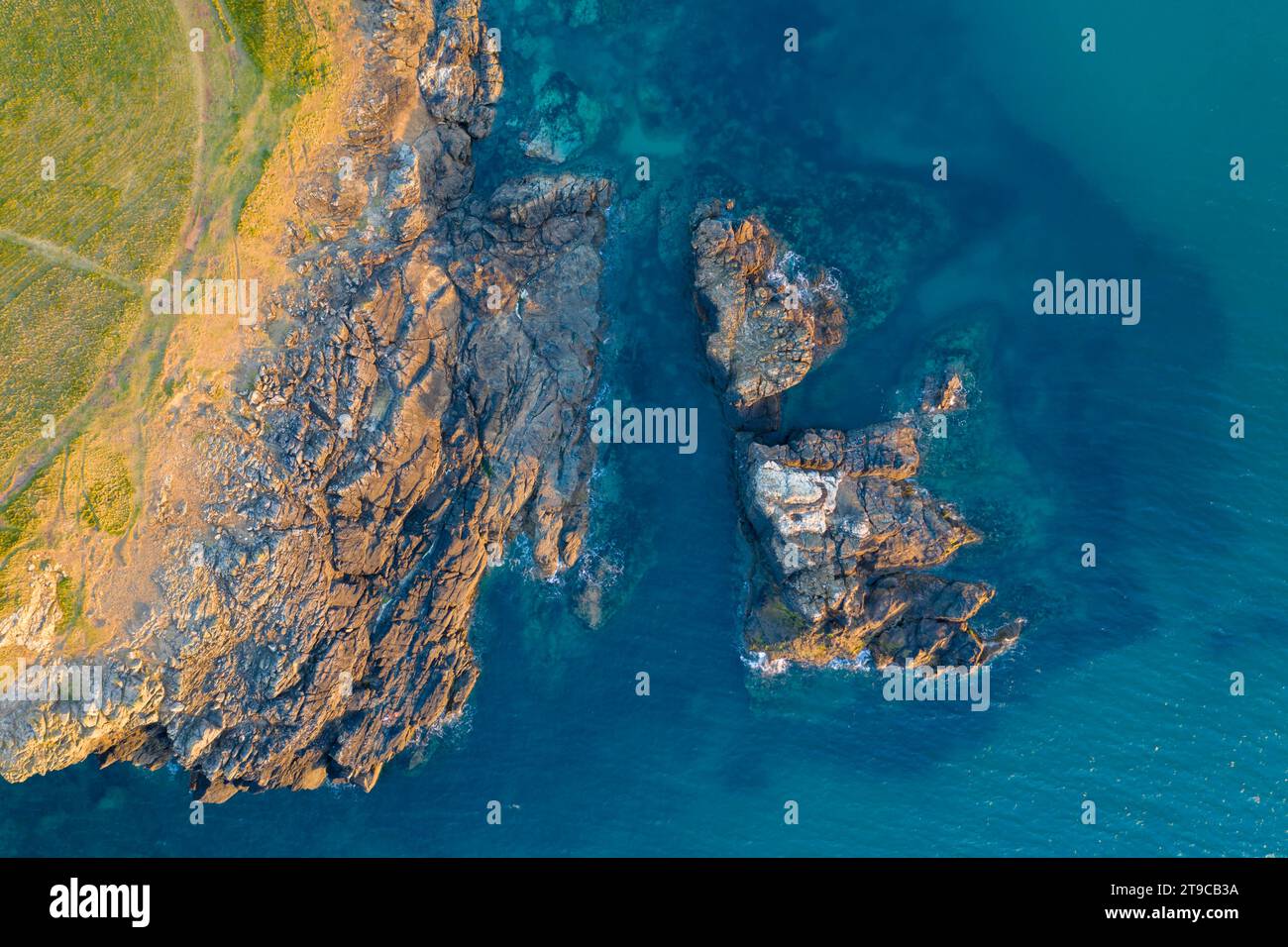 Aerial view of the dramatic Cornish coastline near Trevone Bay in ...