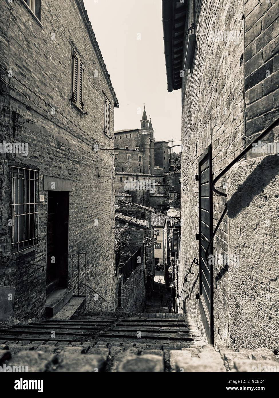 Monochrome whispers of history: A narrow stone street weaves through ...