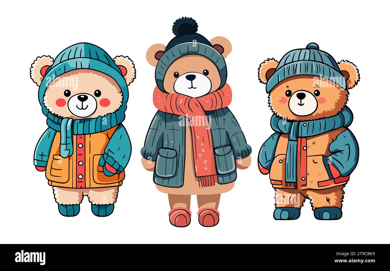 Set of Cute Teddy Bears in warm winter clothes Stock Vector Image & Art ...