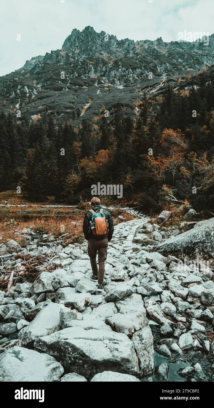 Following the trail of rocks, a lone traveler journeys toward the ...