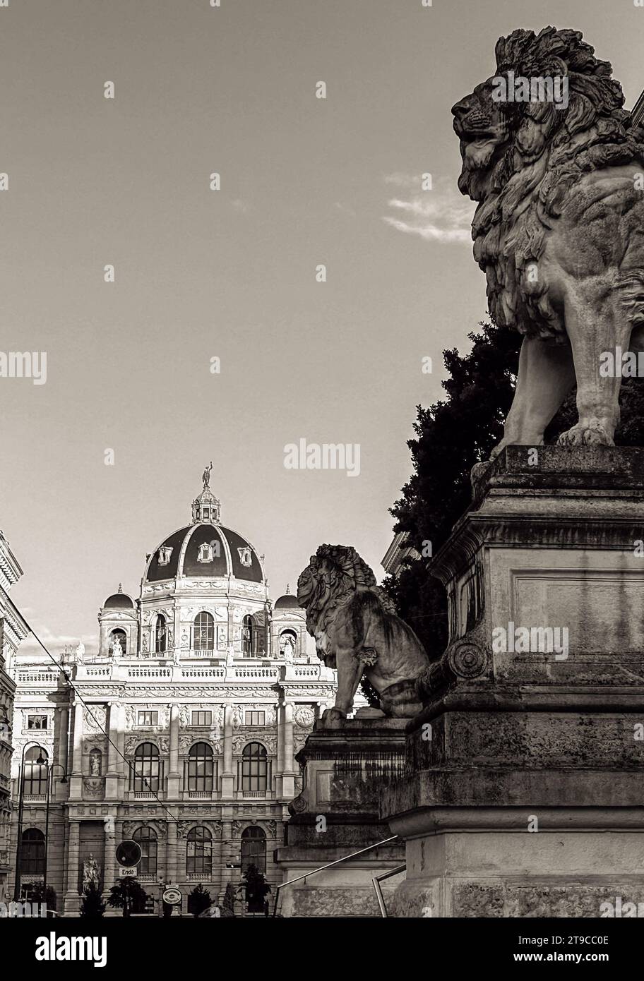 Majestic guardians of time: In a striking monochrome, a lion statue ...