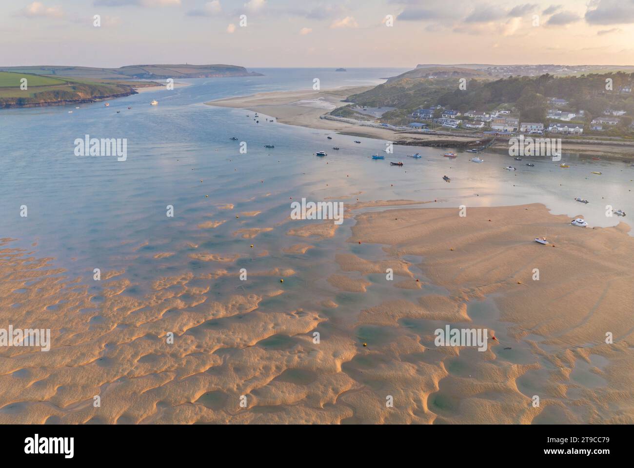 Aerial view of Rock and the Camel Estuary at dawn, Rock, Cornwall ...