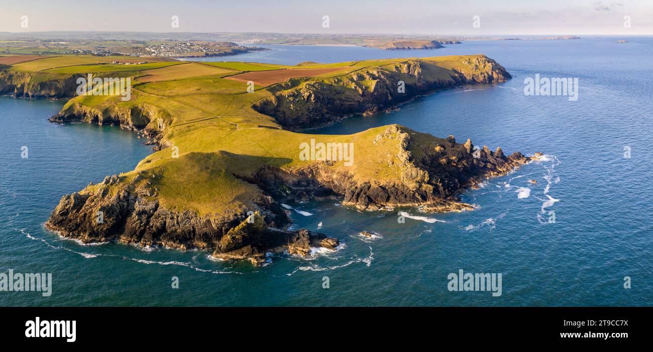 Aerial view of The Rumps headland on the North Cornish coast, Cornwall ...