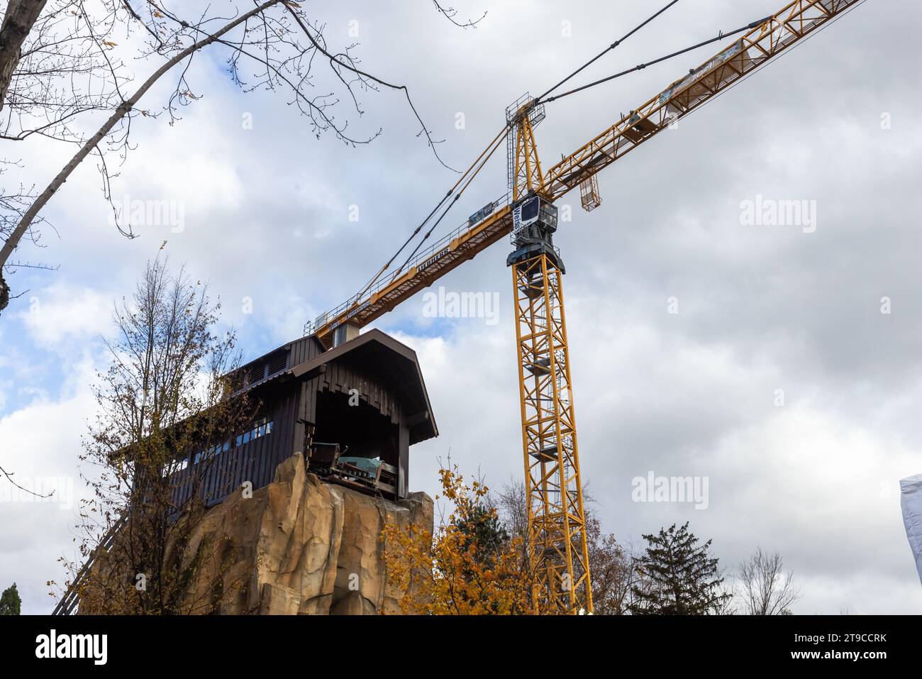 Rust, Germany. 24th Nov, 2023. A crane stands in Europa-Park while a ...