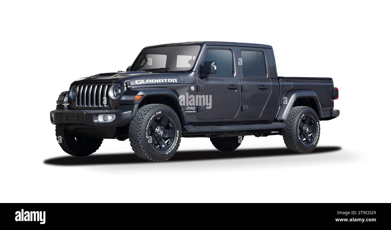 Jeep gladiator pickup truck, side view isolated on white background ...