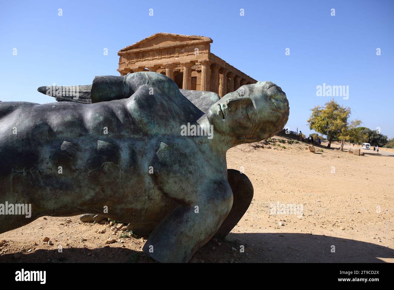 Modern bronze statue of Icarus made by Polish artist Igor Mitoraj lying ...