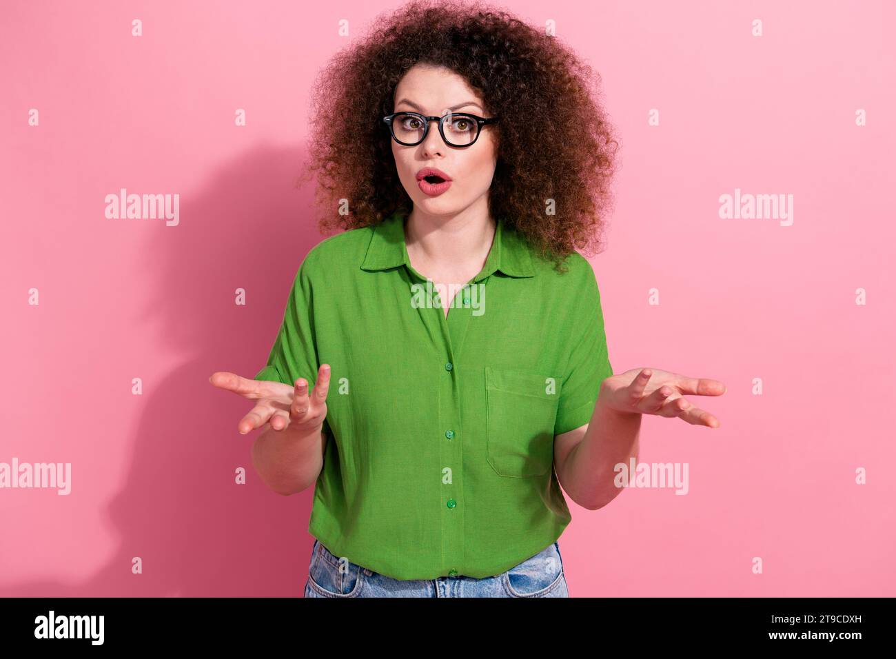 Photo of nervous irritated girl dressed green clothes emotionally ...