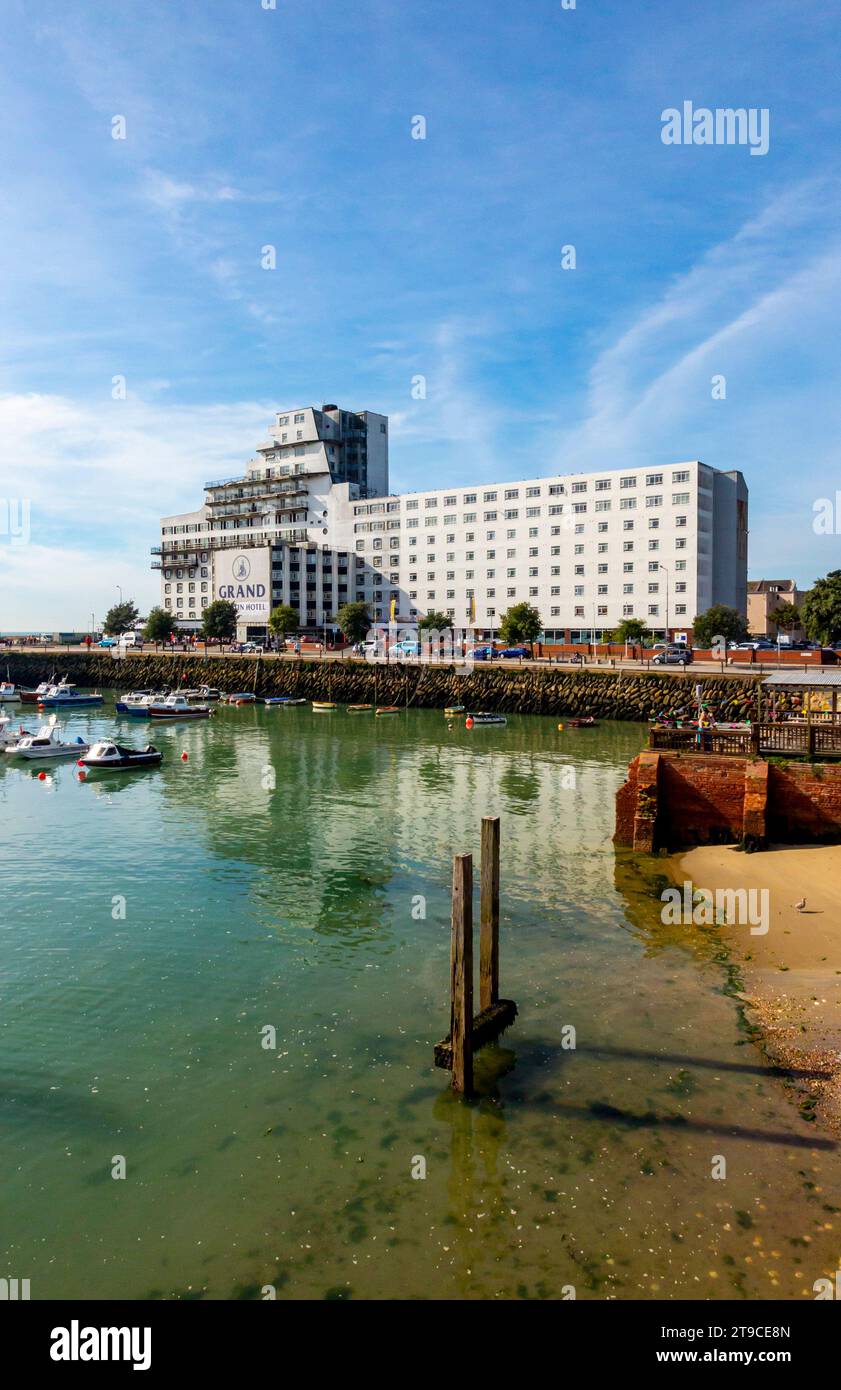 View of the Grand Burstin Hotel next to harbour in Folkestone Kent UK a ...