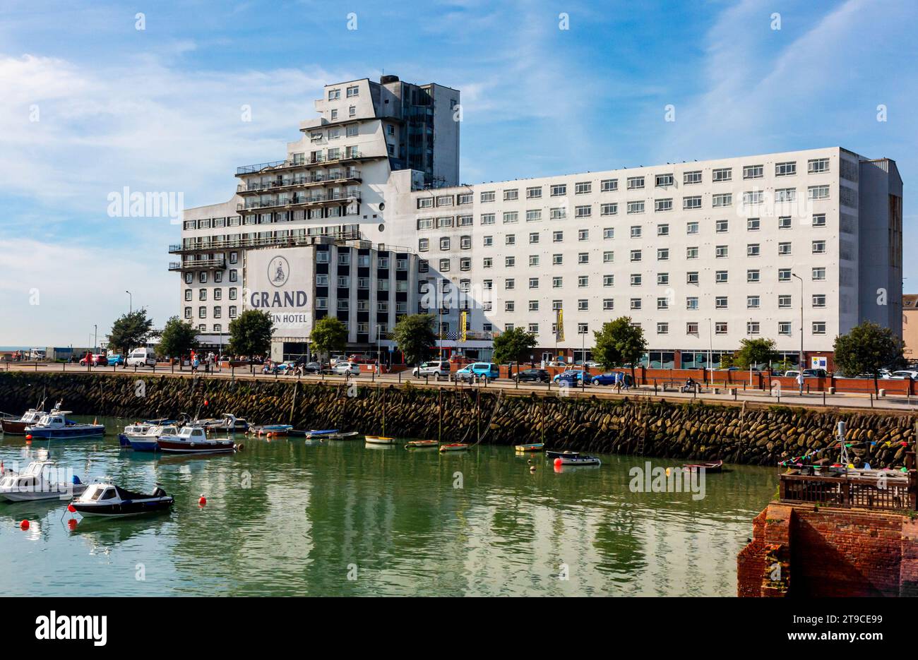 View of the Grand Burstin Hotel next to harbour in Folkestone Kent UK a ...