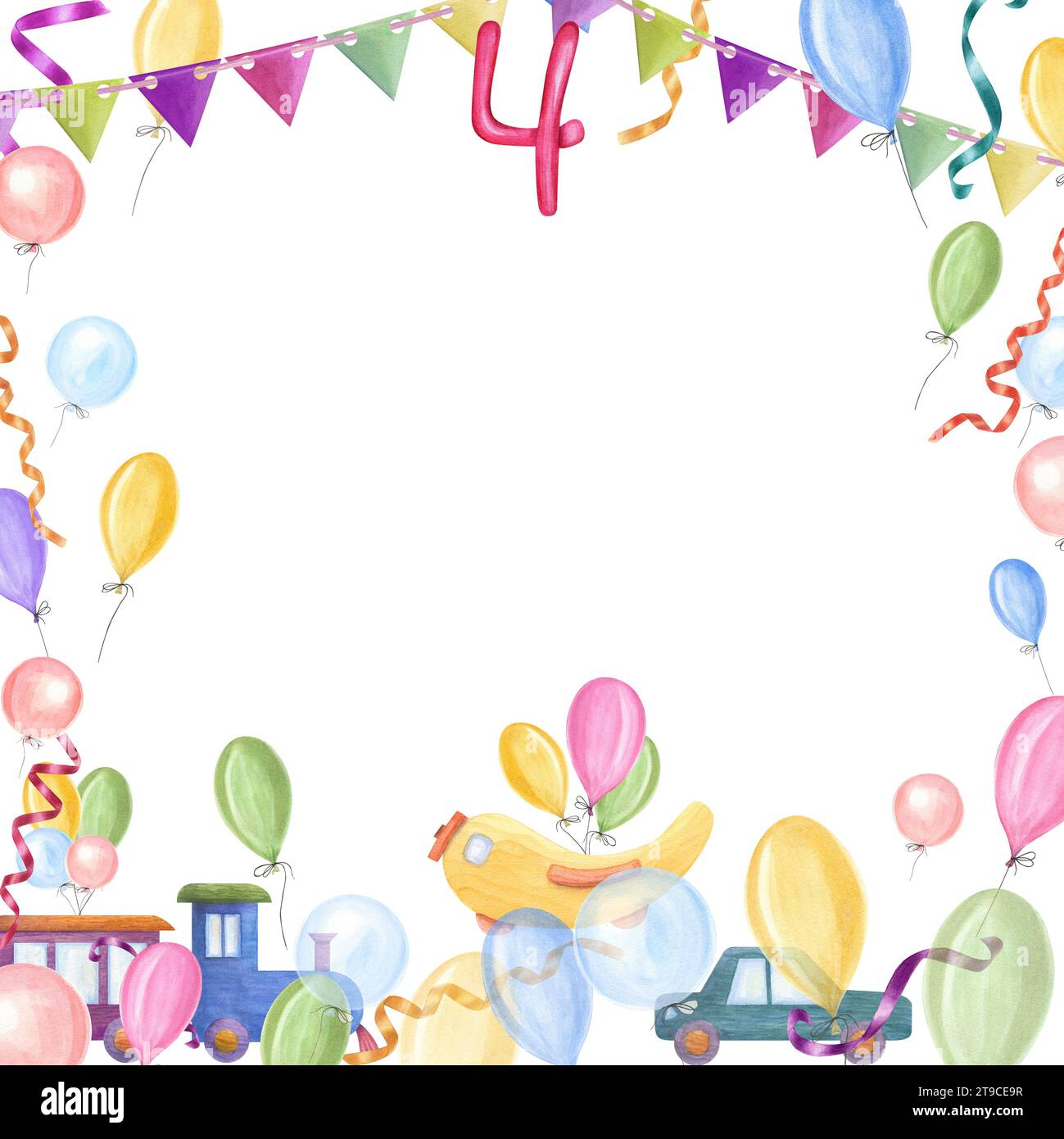 Square frame with kid wooden train, car, plane. Colored balloons ...