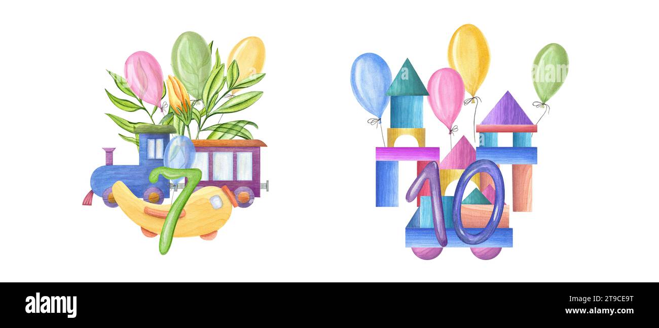 Towers, truck made of blocks, wooden building bricks. Blue steam ...