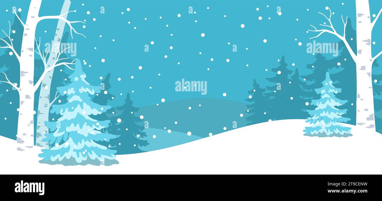 Vector illustration. Horizontal banner. Blue winter snowy forest ...