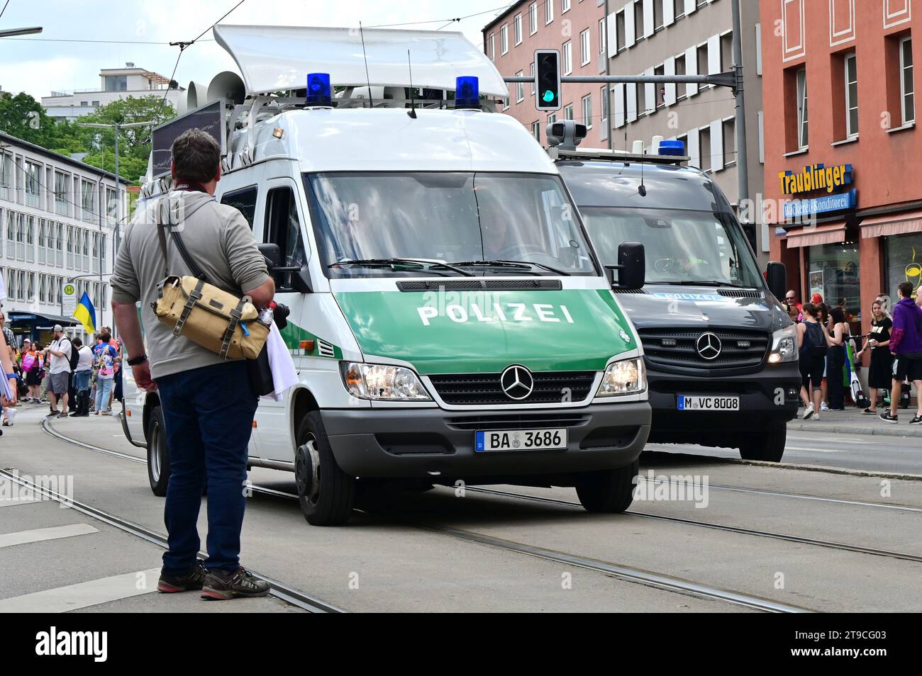 Police car at CSD Pride in Munich. The CSD parade is a political ...